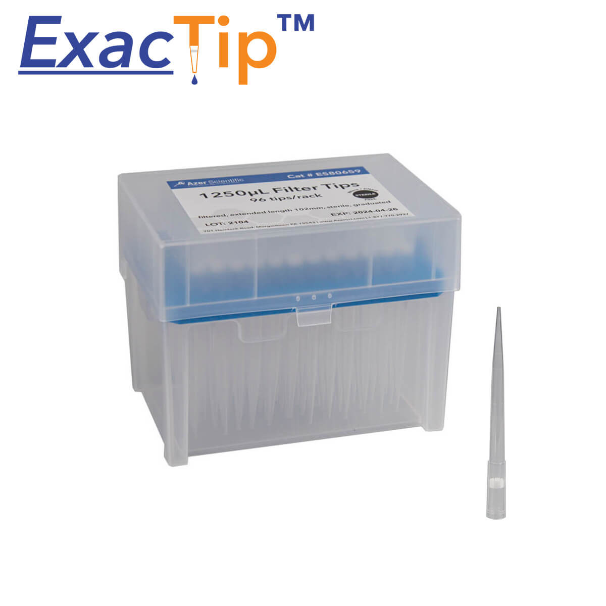 ExacTip Pipette Tips, 1250uL, Filter Tip, Ext. Length, LR | Azer Scientific